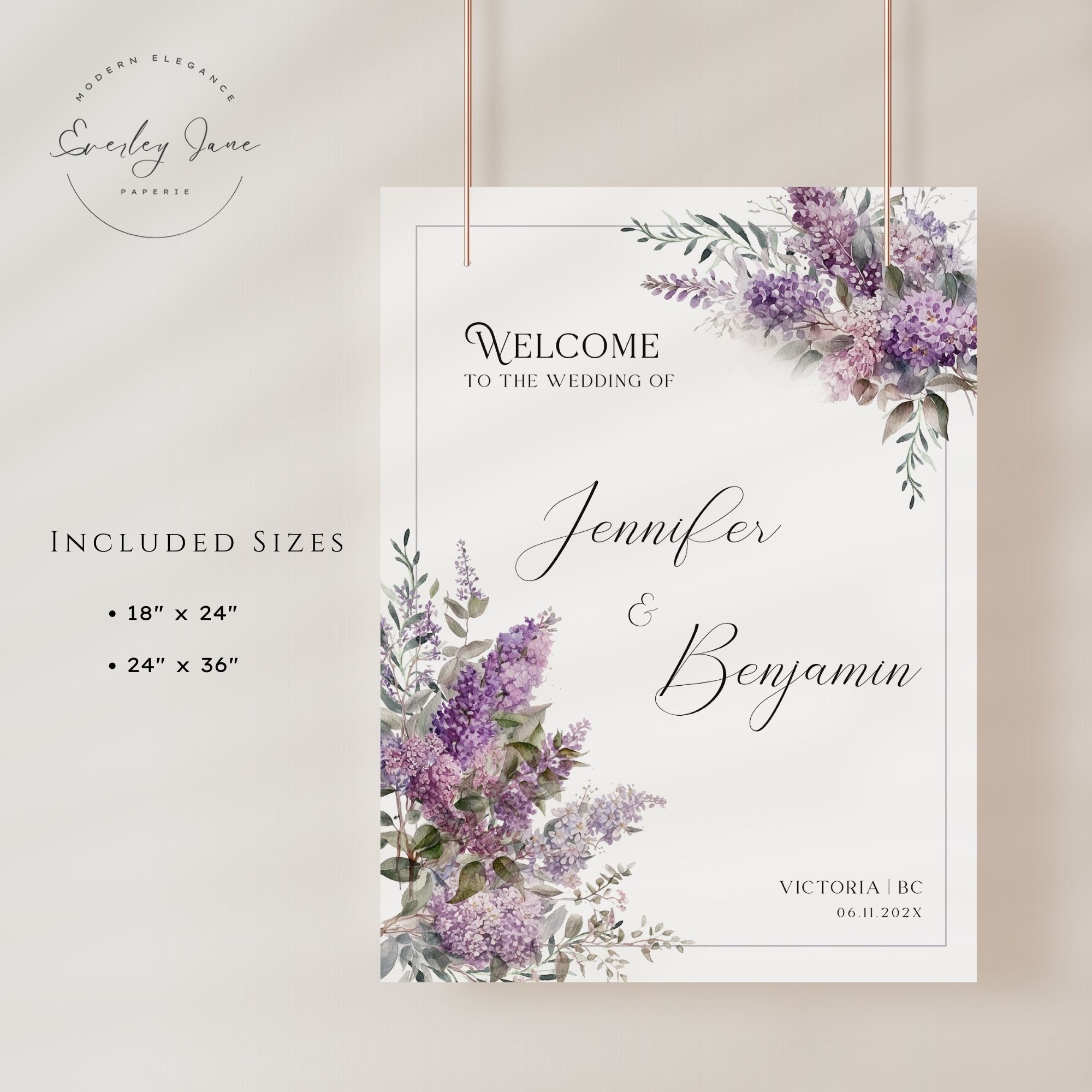 Lilac Welcome Sign Template, Purple Flower Welcome Sign, Wedding ...