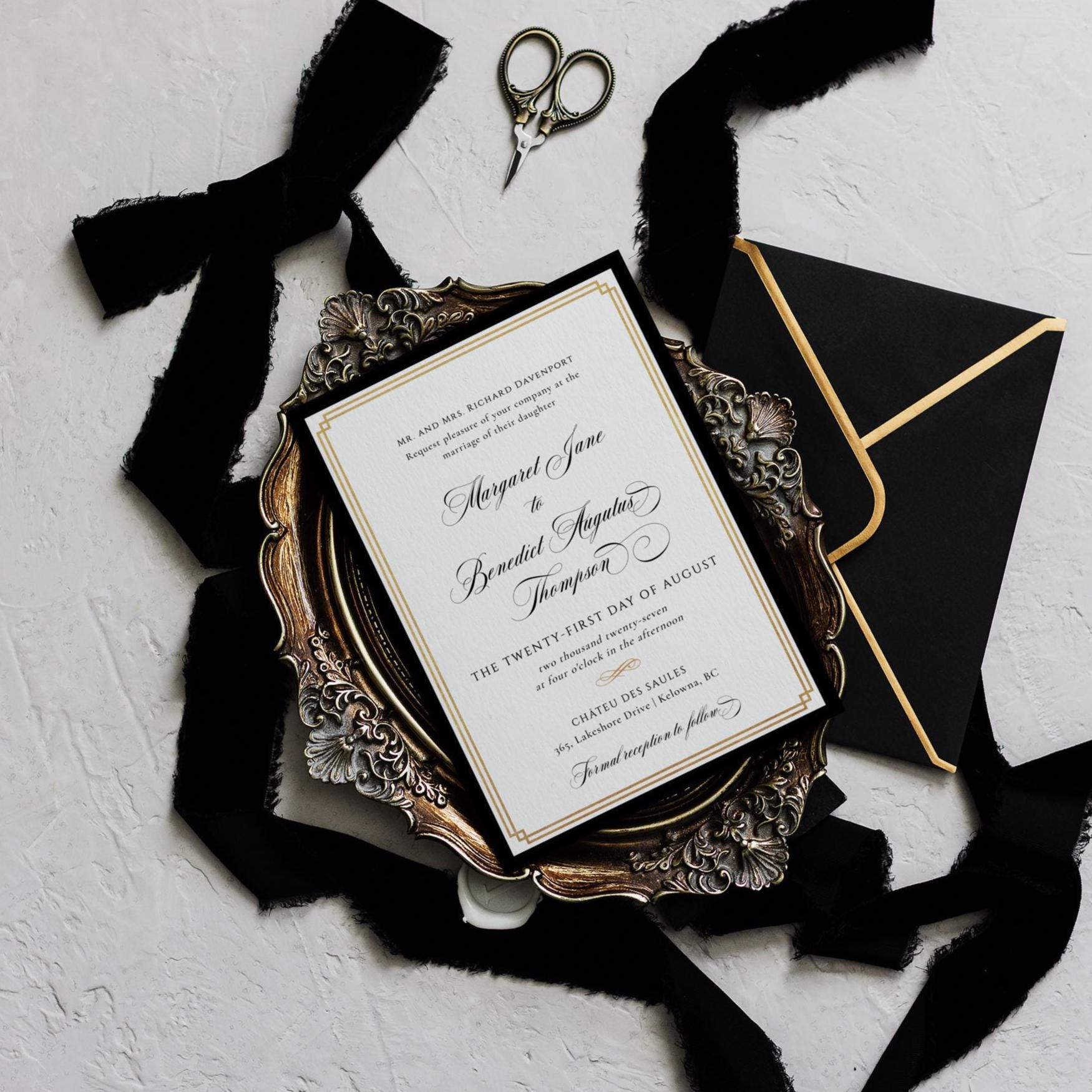 Classic Old Money Wedding Invitation Template, Elegant Black and Gold ...