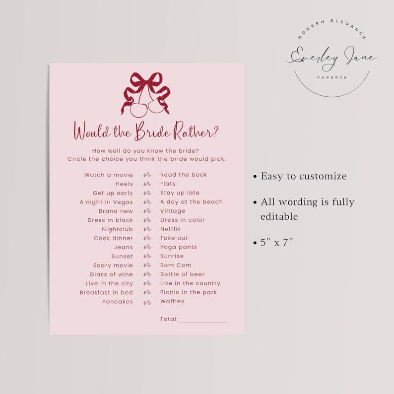 Would She Rather Bridal Shower Game, Cherry on Top Bridal Shower Game ...