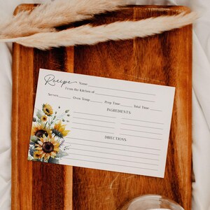 Sunflower Recipe Card Template, Bridal Shower Recipe Card Insert ...