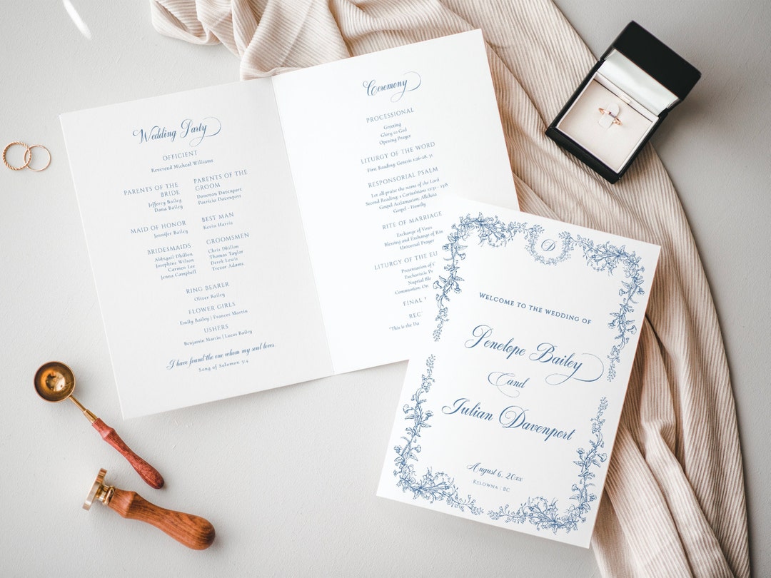 Catholic Wedding Program Booklet, Dusty Blue Toile Wedding Program ...
