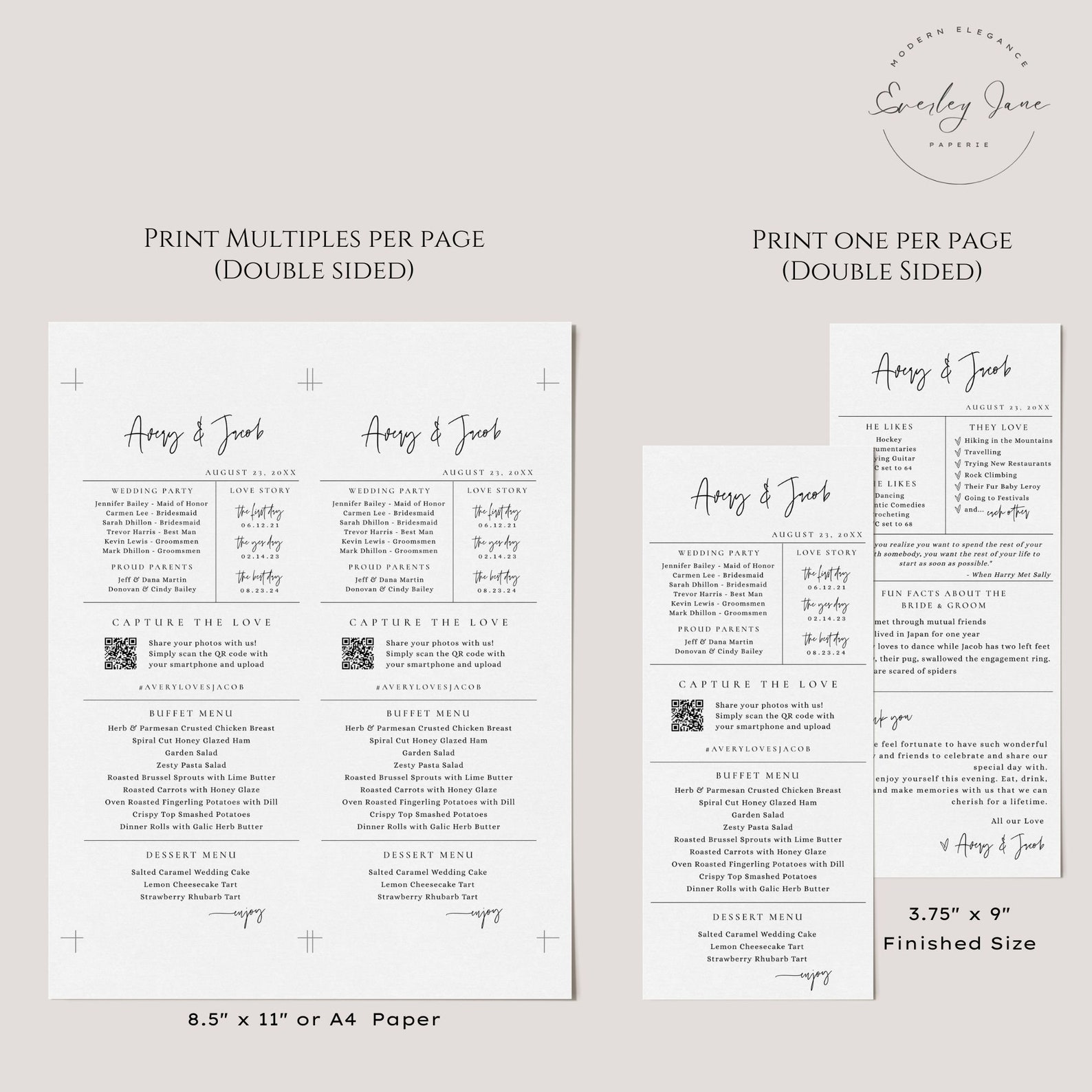 Fun Fact Wedding Template, Fun Fact and Menu Napkin Note, QR Code ...