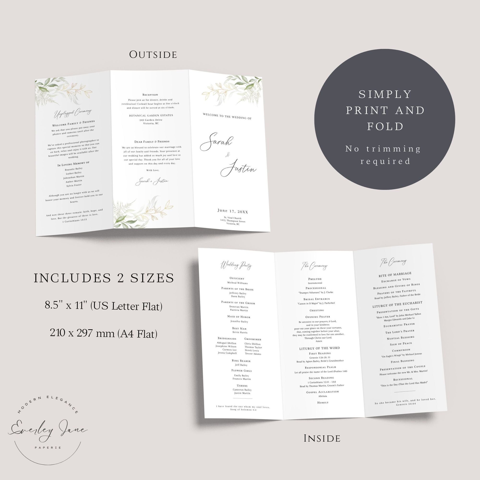 Trifold Wedding Program Template, Church Ceremony Program, Catholic ...