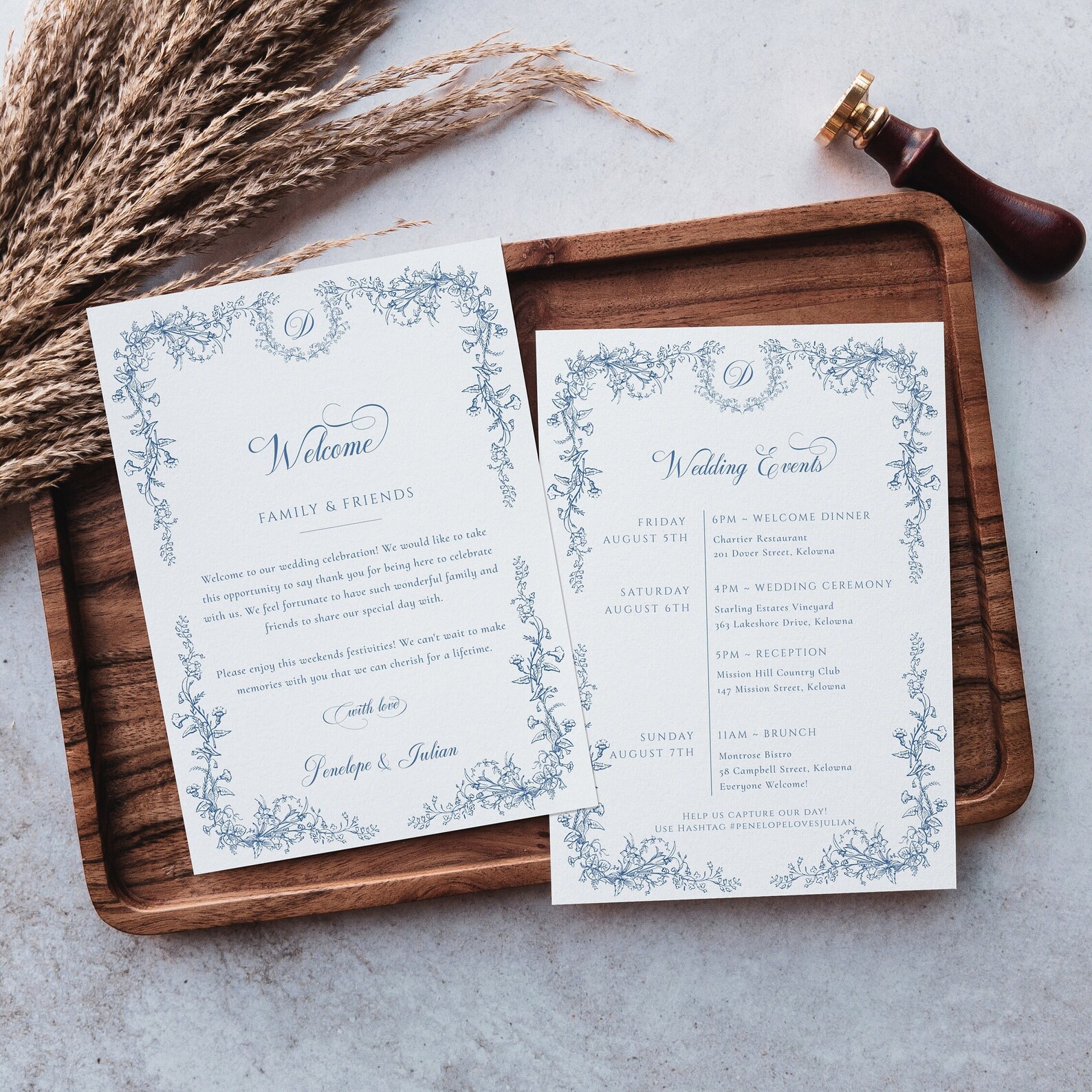 Wedding Welcome Letter and Events Timeline Template, Blue Toile Wedding ...