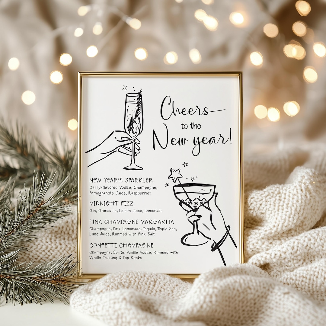 Hand Drawn New Years Eve Drink Menu Sign, Whimsical New Years Party Bar ...