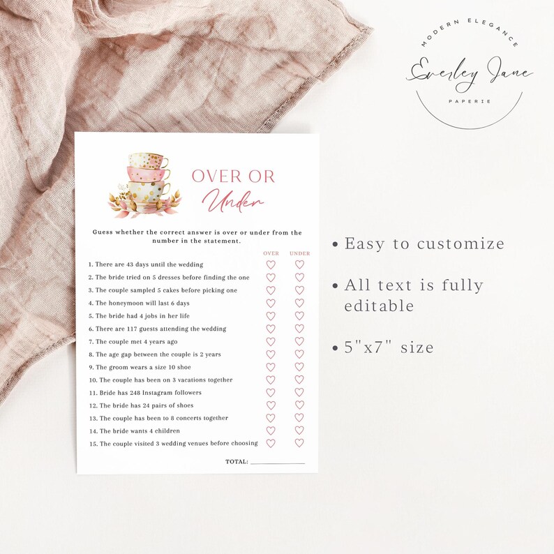 Over or Under Bridal Shower Game Template, High Tea Shower Game, Bridal ...