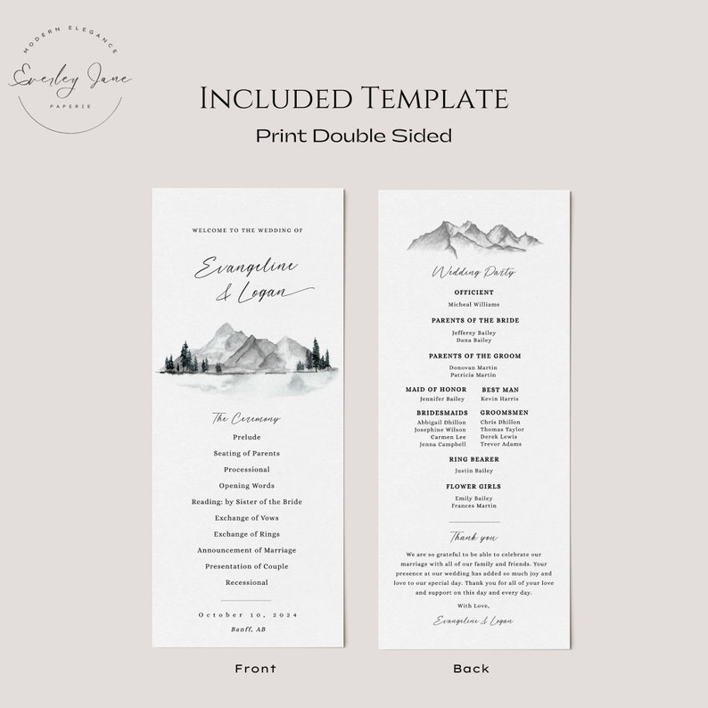 Rustic Wedding Program Template, Mountain Wedding Program, Order of Service, Ceremony Itinerary ...
