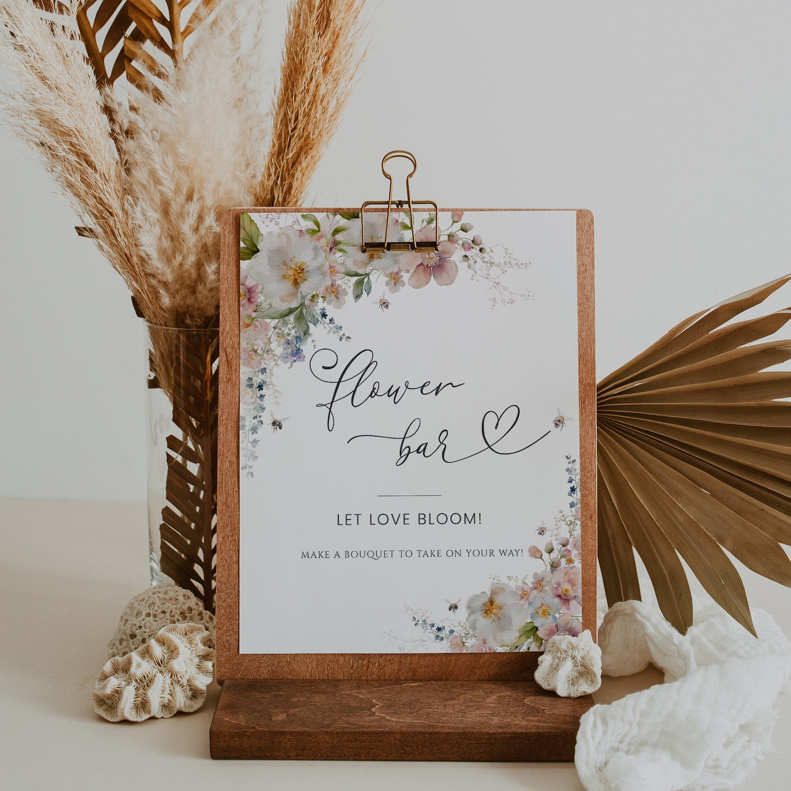 Flower Bar Sign, Wedding Flower Bar Sign Template, Pink Floral Wedding ...