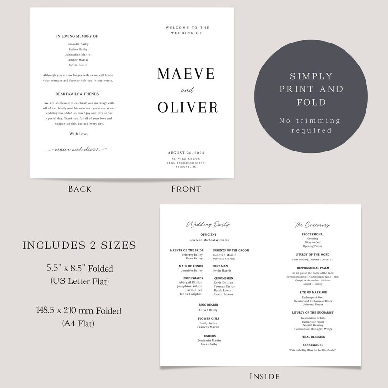 Church Program Wedding, Folded Minimalist Wedding Program Template ...