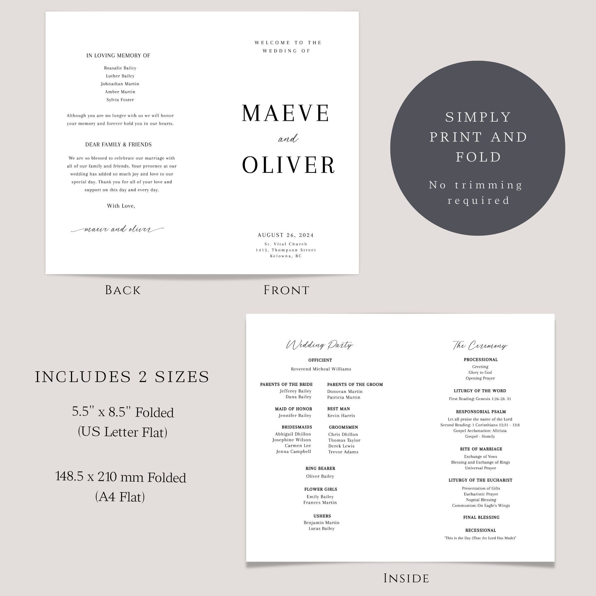 Church Program Wedding, Folded Minimalist Wedding Program Template ...