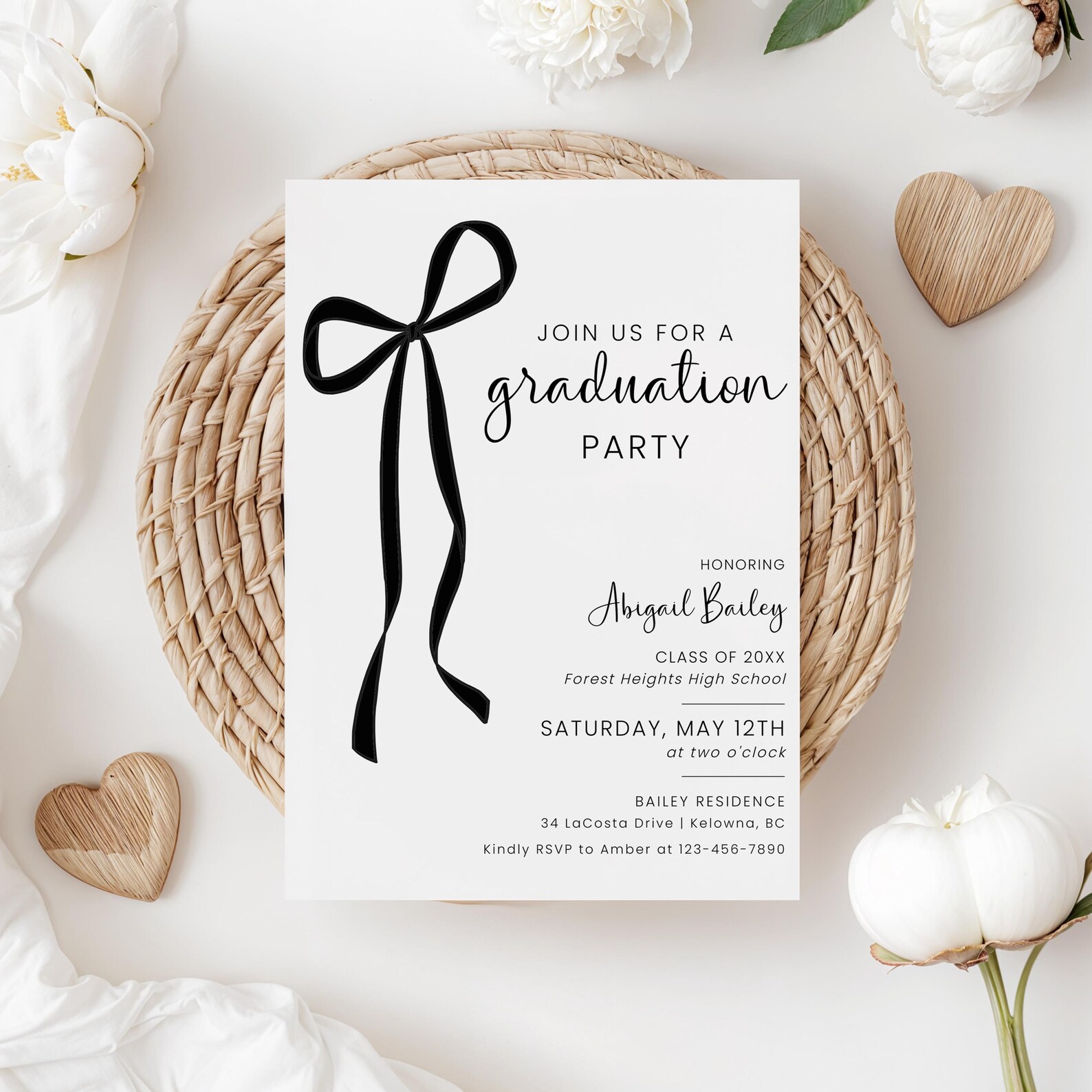 Graduation Party Invitation Black Bow, Senior Grad Party Invite ...
