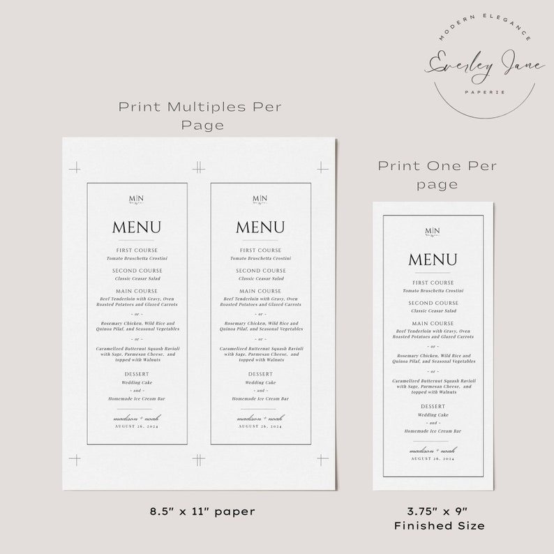 Classic Wedding Menu and Thank You Card, Thank You Napkin Note ...