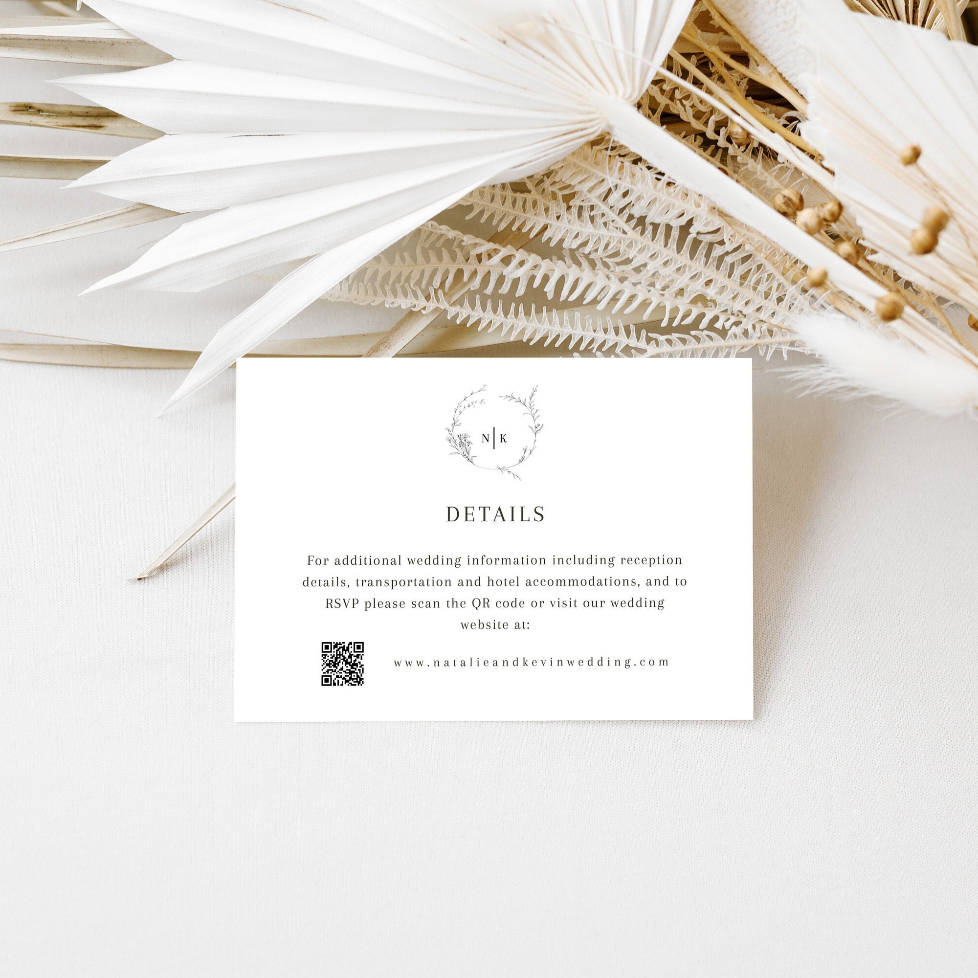 Monogram Wedding Details Card Template, Elegant Botanical Wedding Invite Enclosure, QR Code ...