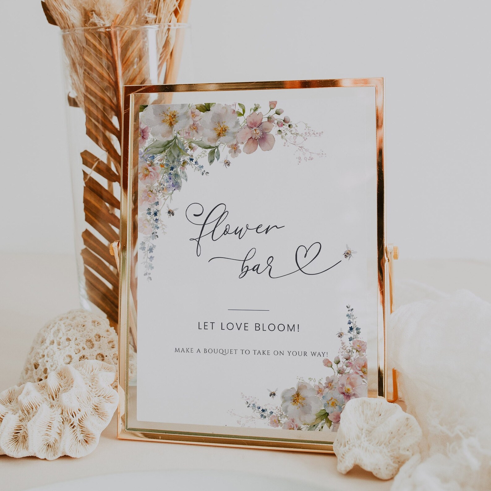 Flower Bar Sign, Wedding Flower Bar Sign Template, Pink Floral Wedding ...