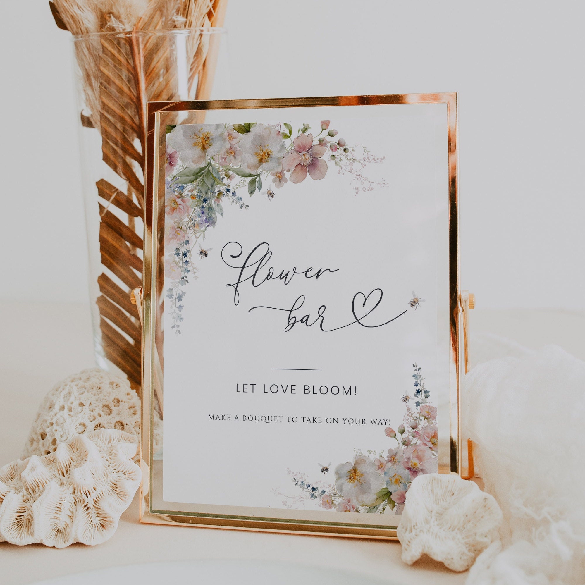 Flower Bar Sign, Wedding Flower Bar Sign Template, Pink Floral Wedding ...