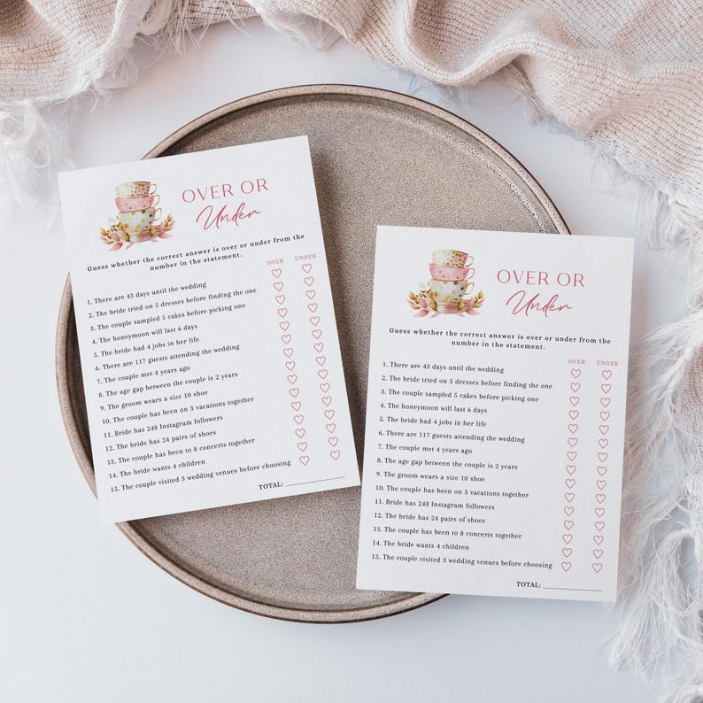 Over or Under Bridal Shower Game Template, High Tea Shower Game, Bridal ...