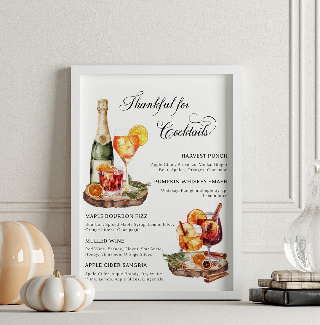Thanksgiving Bar Sign Template, Thankful for Cocktails Bar Menu ...