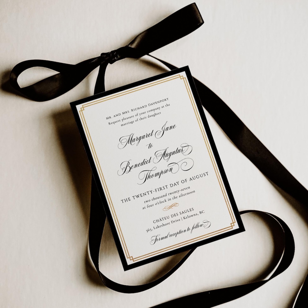 Classic Old Money Wedding Invitation Template, Elegant Black and Gold ...