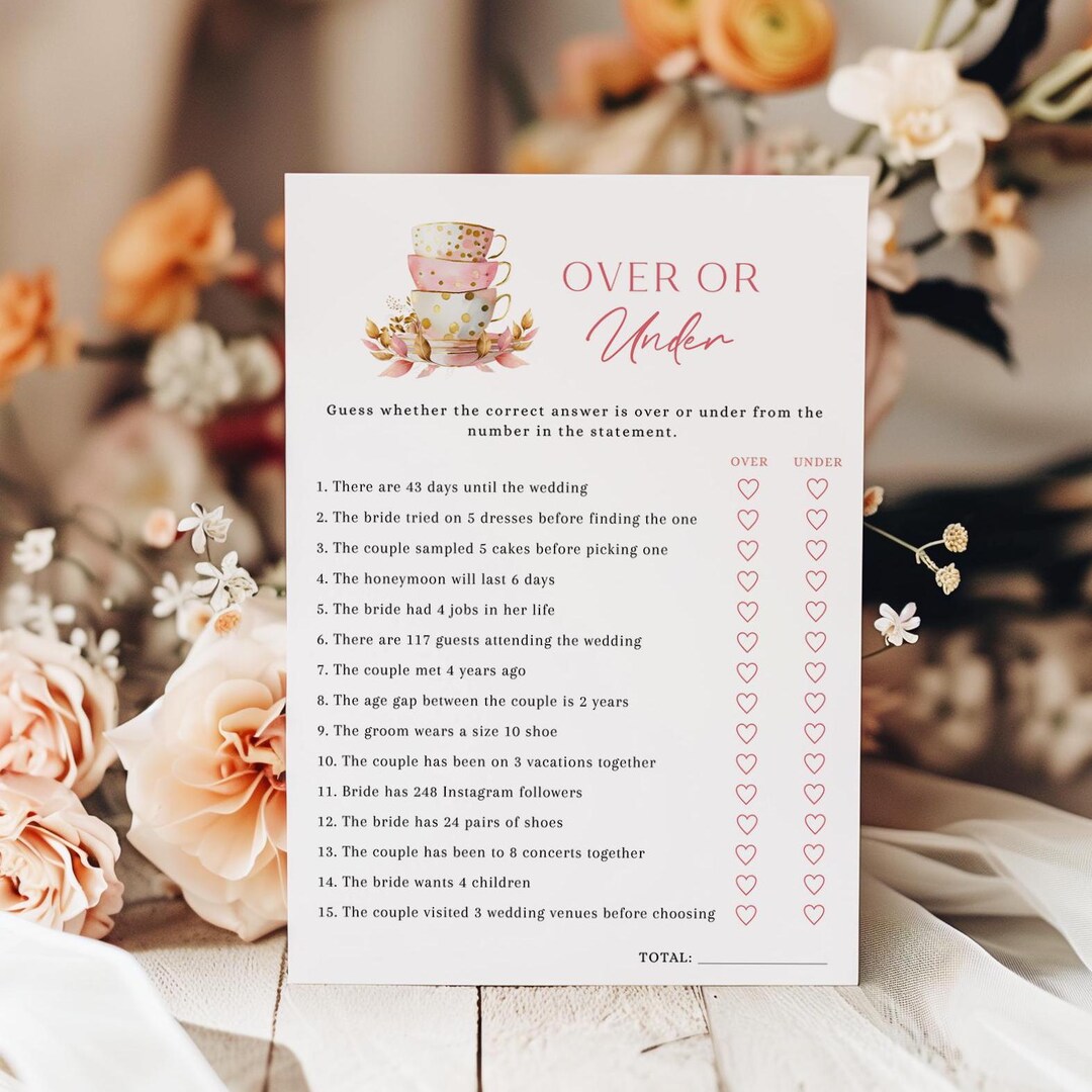 Over or Under Bridal Shower Game Template, High Tea Shower Game, Bridal ...