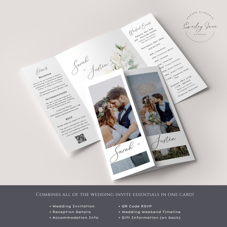 Gatefold Wedding Invitation With QR Code, Greenery Wedding Invite ...