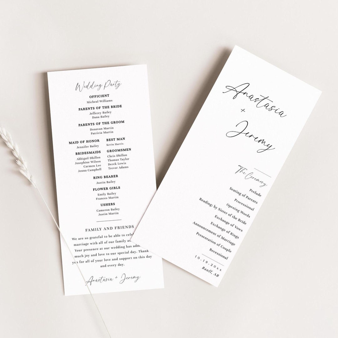 Minimalist Wedding Program Template, Modern Order of Service, Wedding ...
