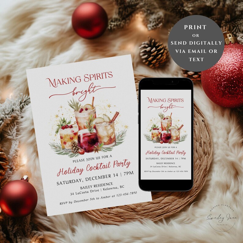 Making Spirits Bright Cocktail Party Invitation, Holiday Cocktail Party ...