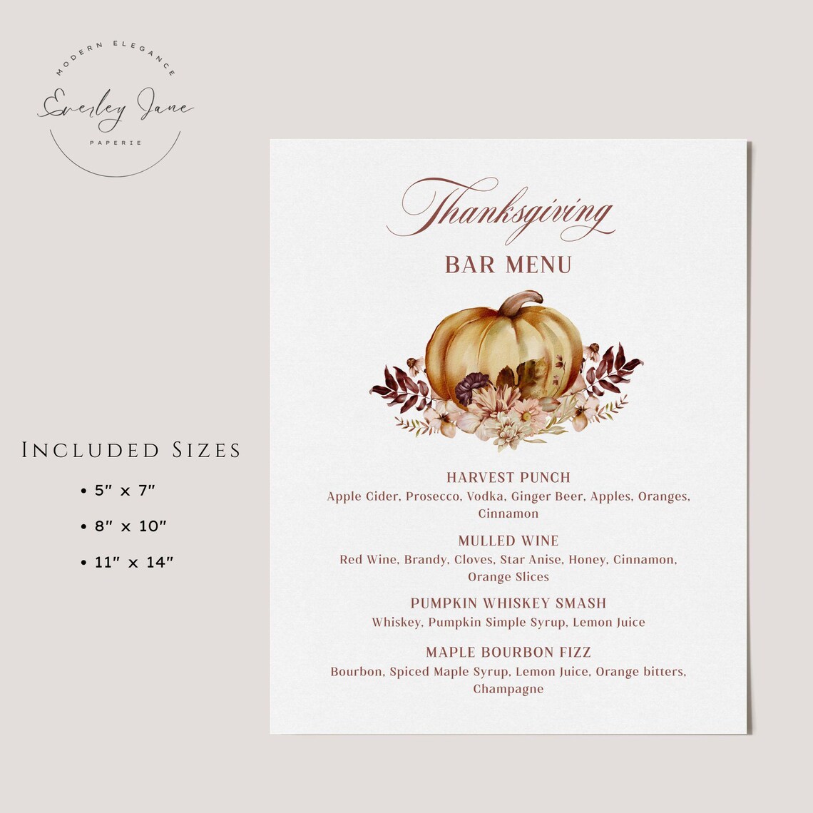 Thanksgiving Bar Menu Sign Template, Pumpkin Bar Menu, Friendsgiving ...