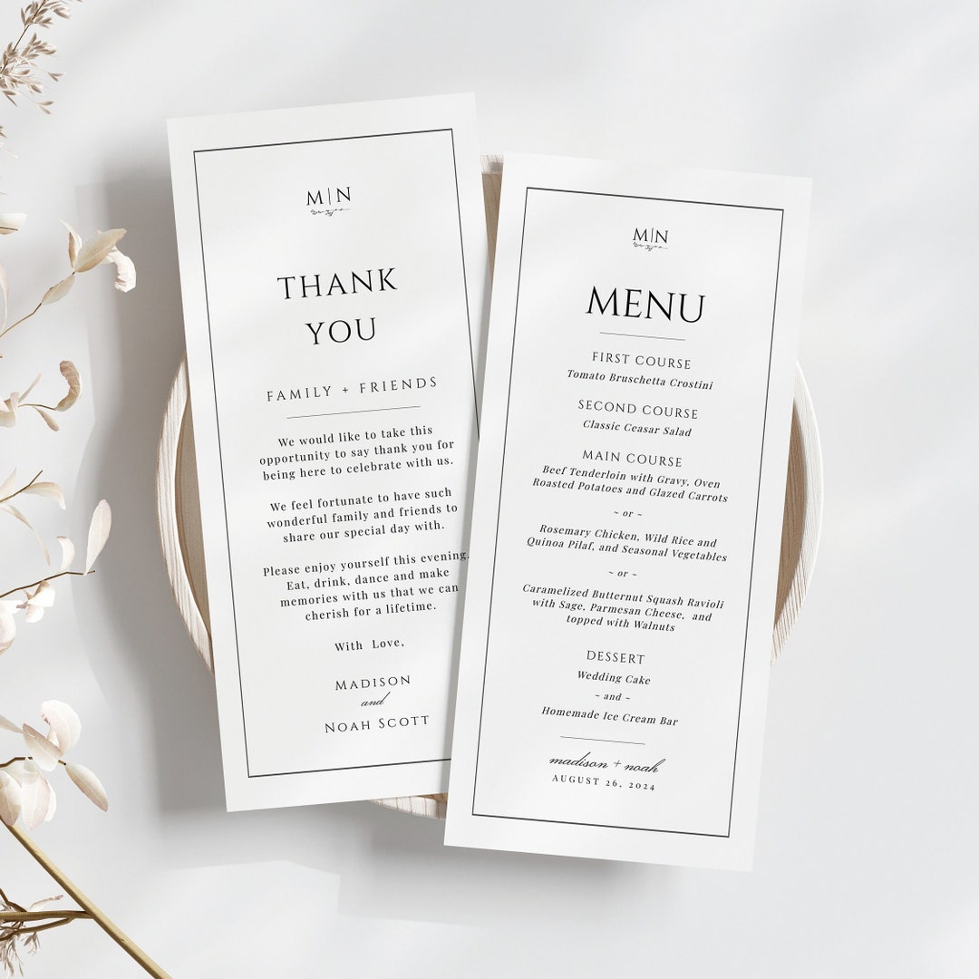 Classic Wedding Menu and Thank You Card, Thank You Napkin Note ...