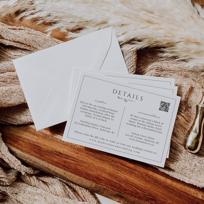 Classic Wedding Details Card, Details Card With QR Code, Wedding Insert ...