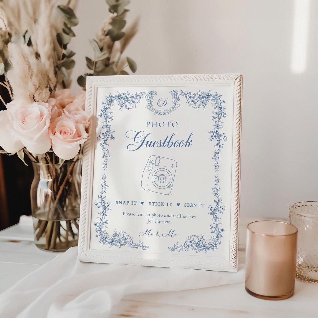 Dusty Blue Wedding Photo Guestbook Sign Template, Blue Toile Photo ...