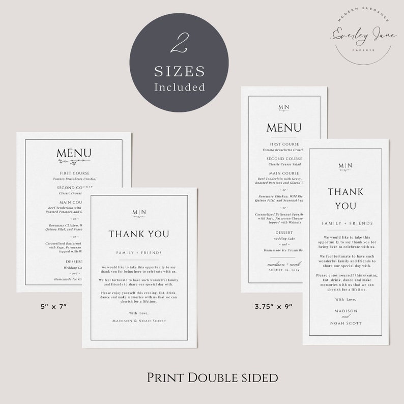 Classic Wedding Menu and Thank You Card Thank You Napkin - Etsy
