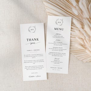 Monogram Wedding Menu and Thank You Card, Printable Dinner Menu, Thank ...