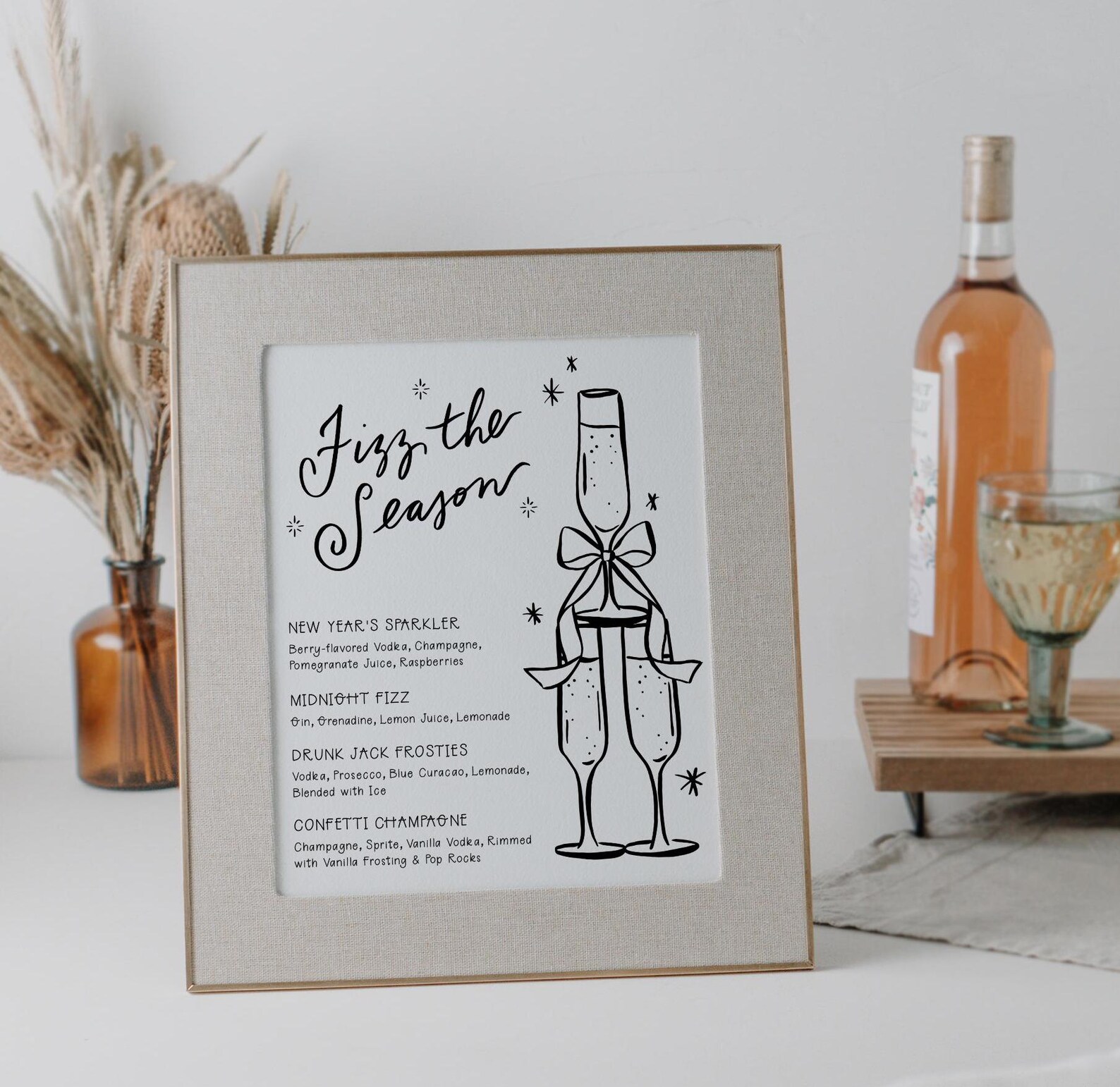New Years Eve Drink Menu Sign, Hand Drawn Holiday Bar Sign, Whimsical ...