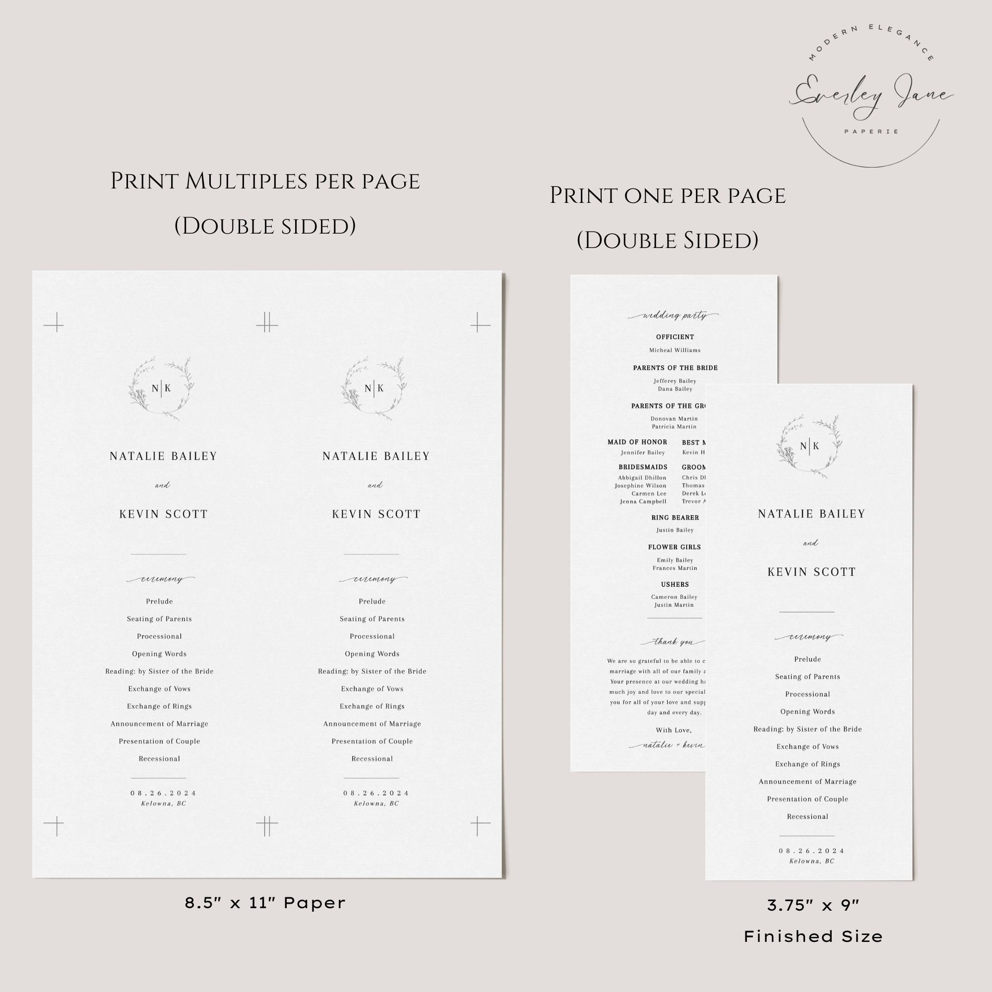 Monogram Wedding Program Card, Minimalist Wedding Program, Botanical Wreath, Printable Program ...