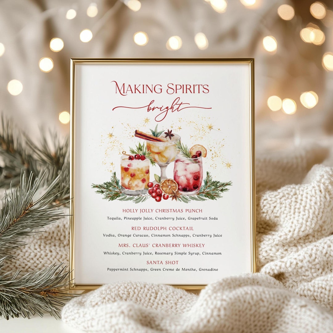Christmas Bar Menu Sign Template, Making Spirits Bright Holiday Bar ...