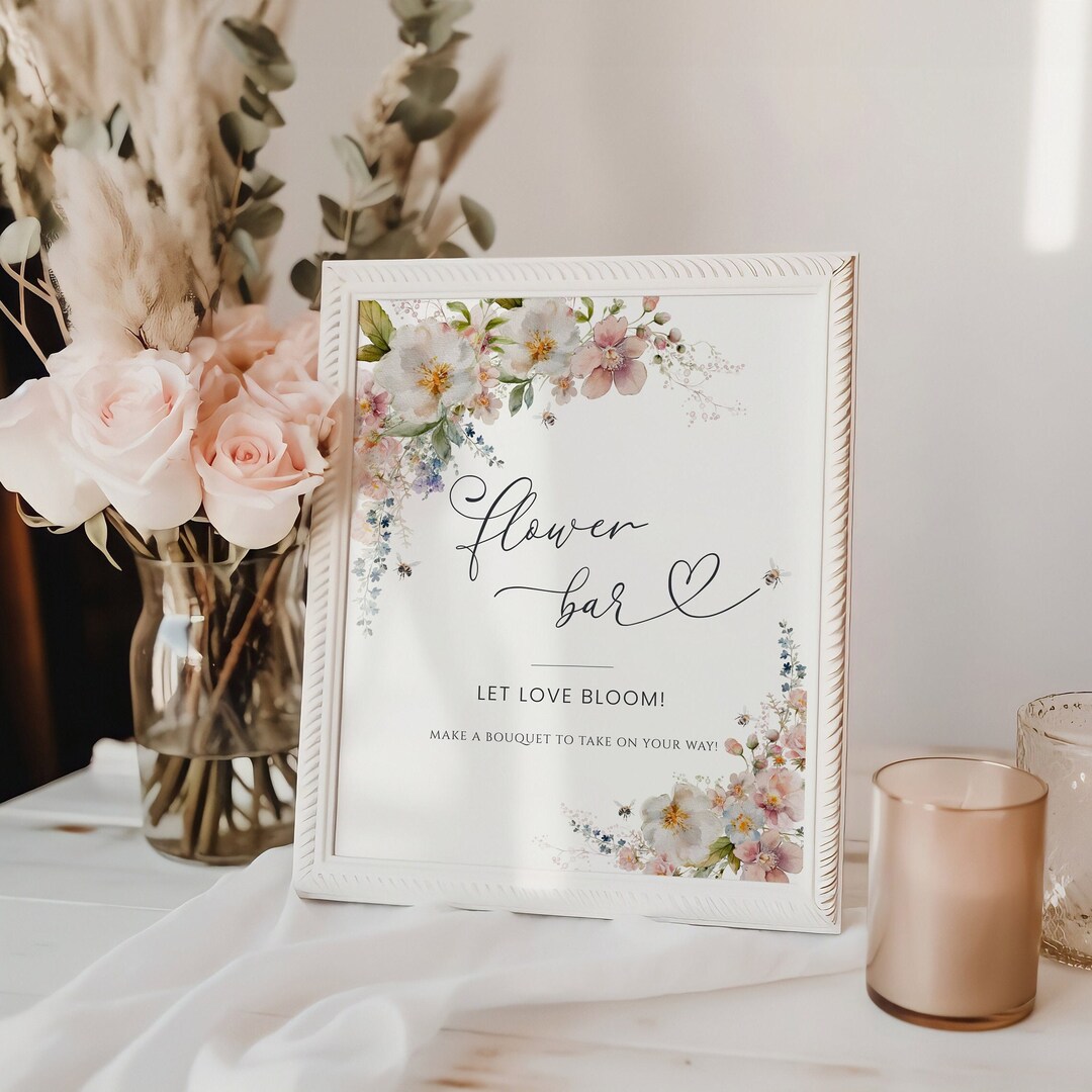 Flower Bar Sign, Wedding Flower Bar Sign Template, Pink Floral Wedding ...