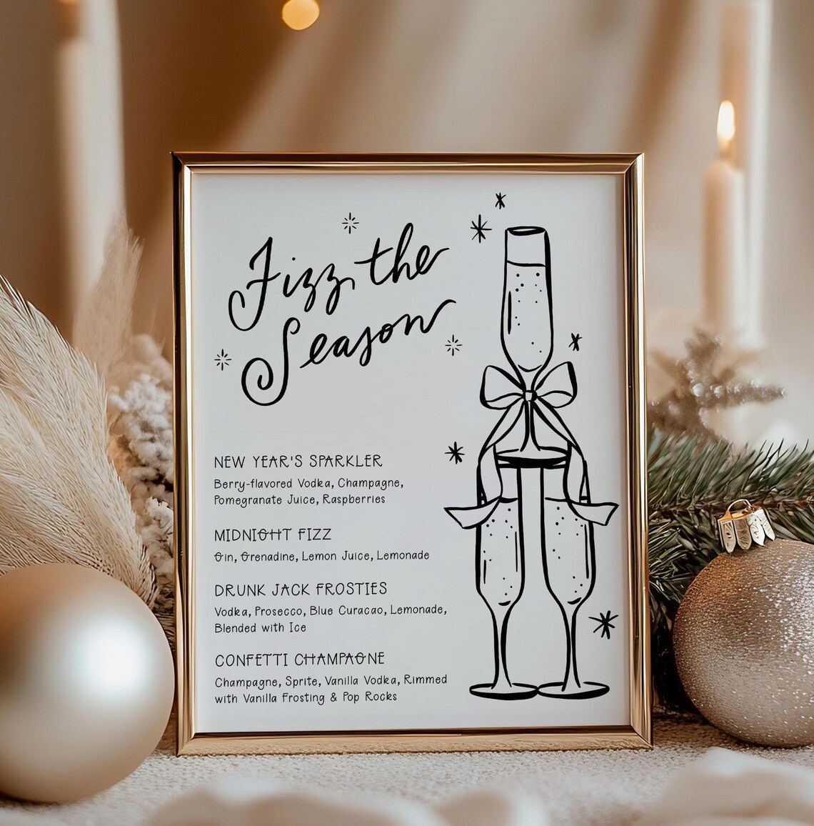 New Years Eve Drink Menu Sign, Hand Drawn Holiday Bar Sign, Whimsical ...