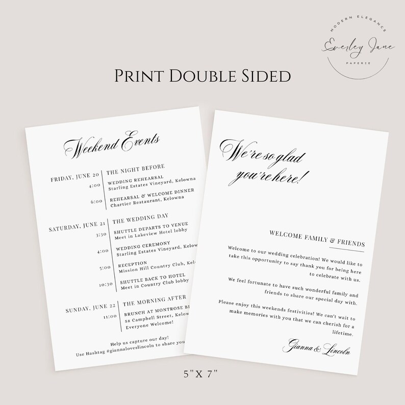 Minimalist Wedding Itinerary Template, Welcome Letter (digital Download ...