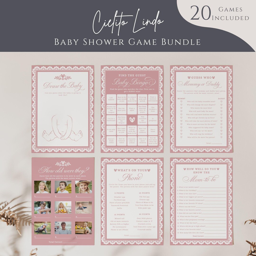 Pink Cielito Lindo Baby Shower Game Bundle, Talavera Baby Shower Games ...