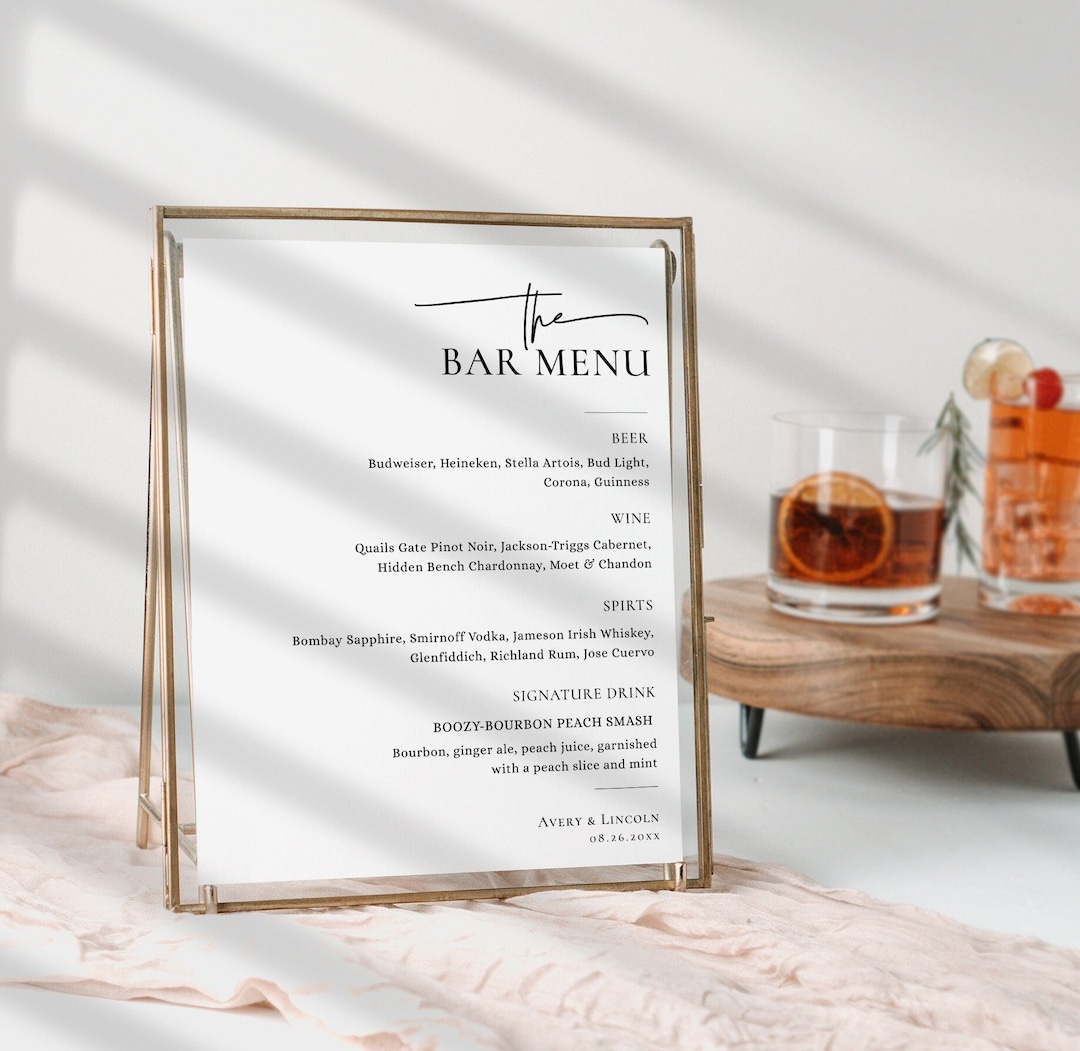 Modern Bar Menu Template, Minimalist Wedding Drink Menu, Simple Wedding ...