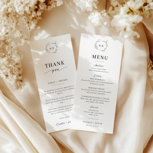 Monogram Wedding Menu and Thank You Card, Printable Dinner Menu, Thank ...