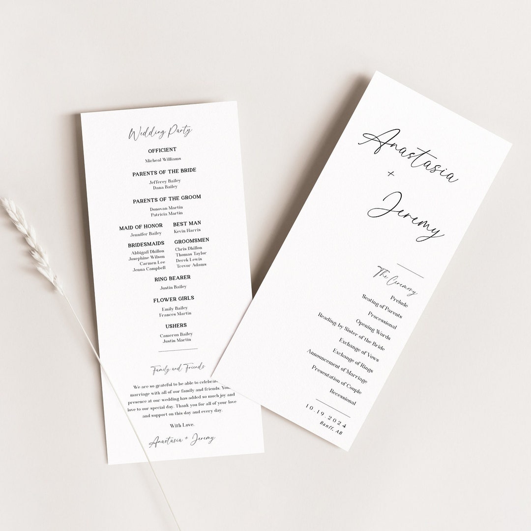 Minimalist Wedding Program Template, Modern Order of Service, Wedding ...