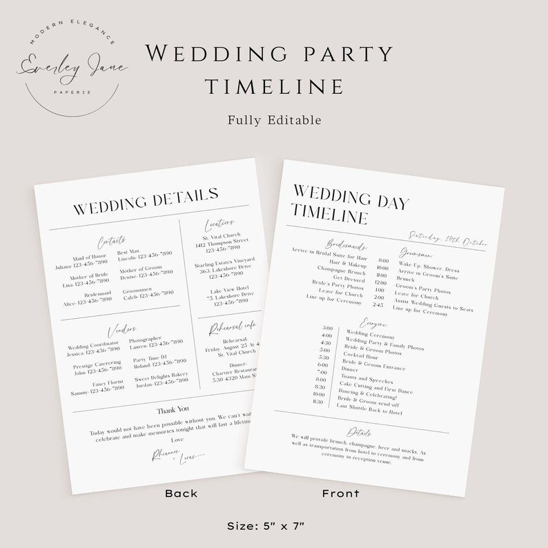 Wedding Day Timeline Template Wedding Party Timeline - Etsy