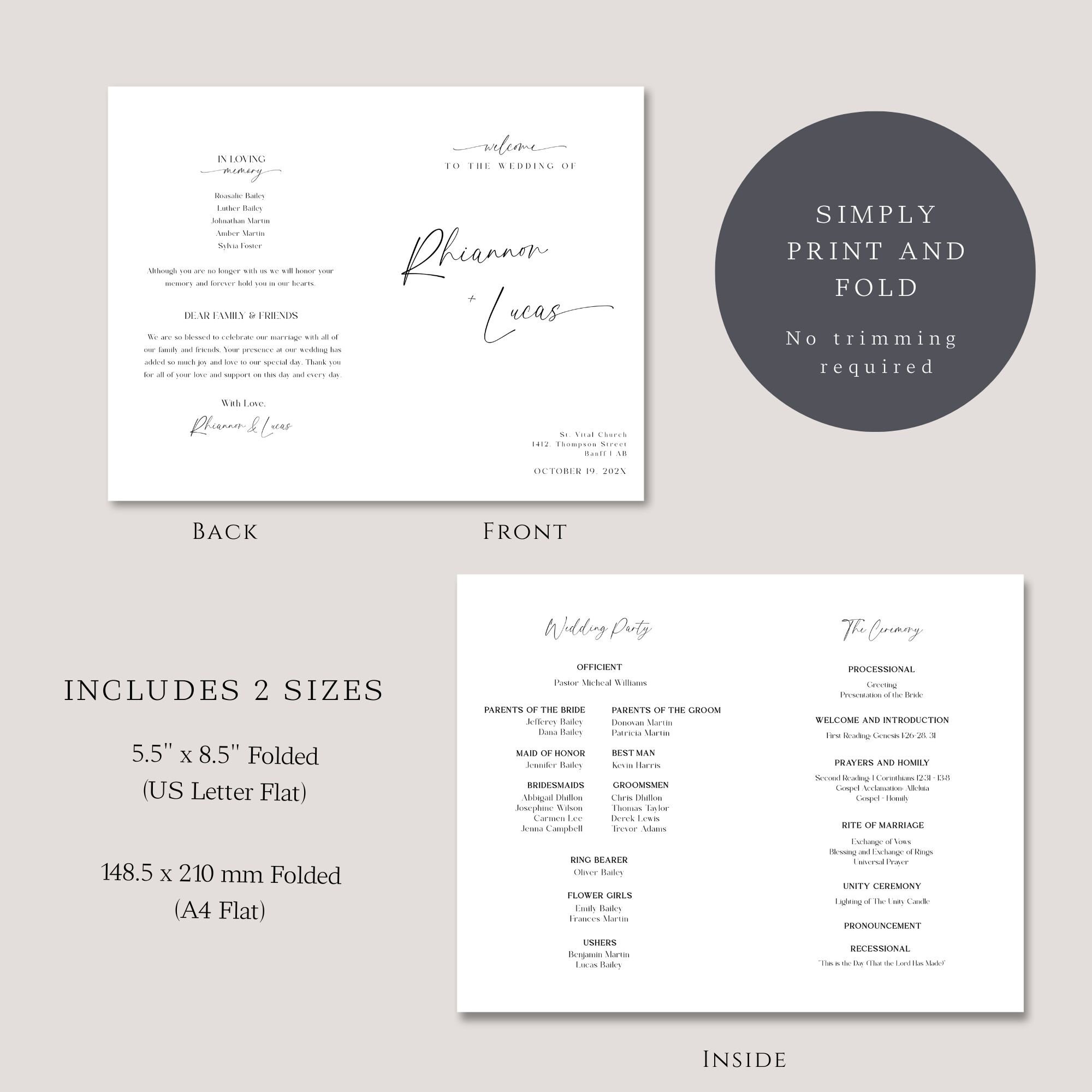 Church Wedding Program, Christian Ceremony Program, Folded Minimalist ...