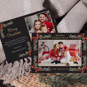 Christmas Card Template 2024, Holiday Photo Card, Red Bow Christmas ...