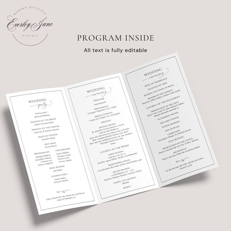 Trifold Catholic Wedding Program, Minimalist Ceremony Program Template ...