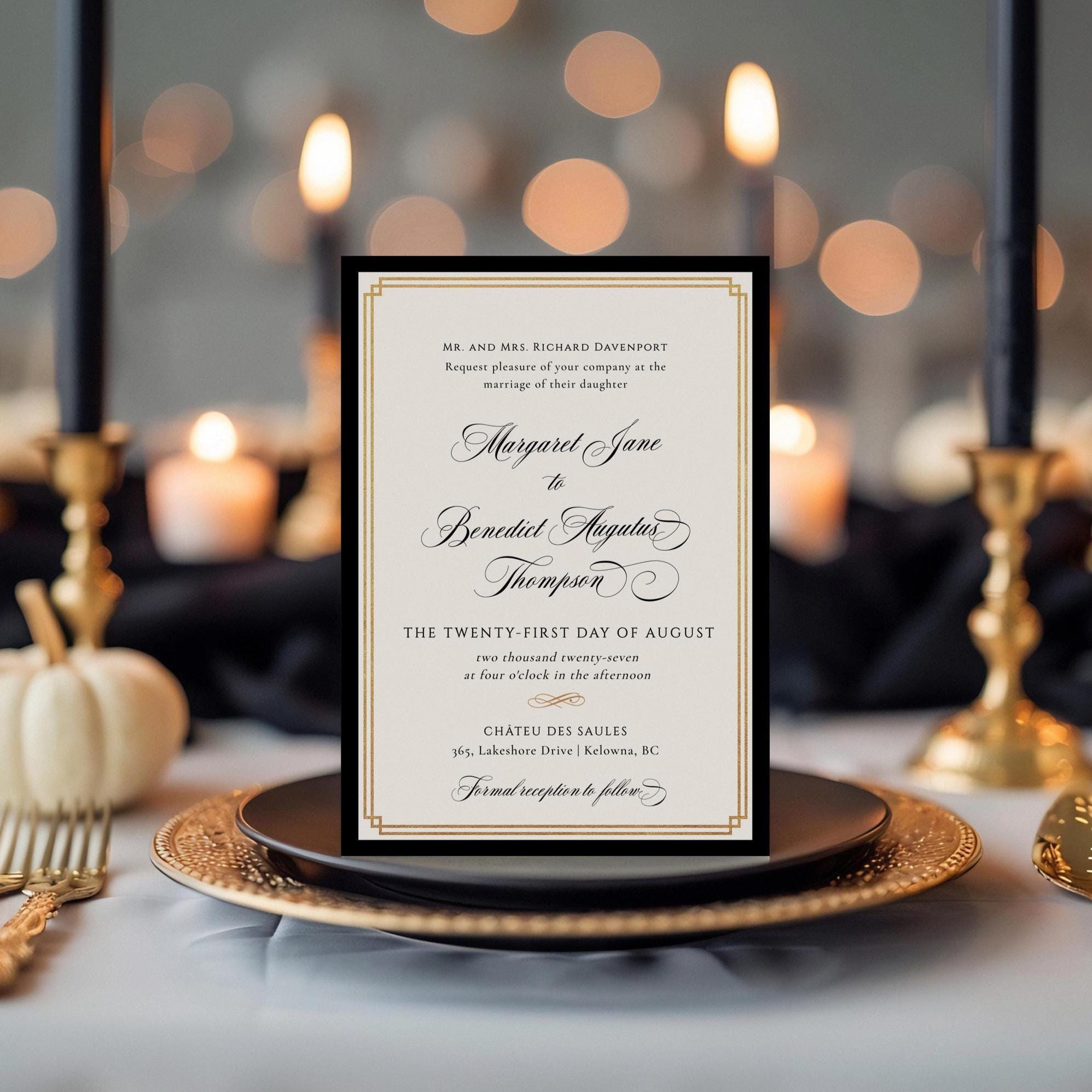 Classic Old Money Wedding Invitation Template, Elegant Black and Gold ...