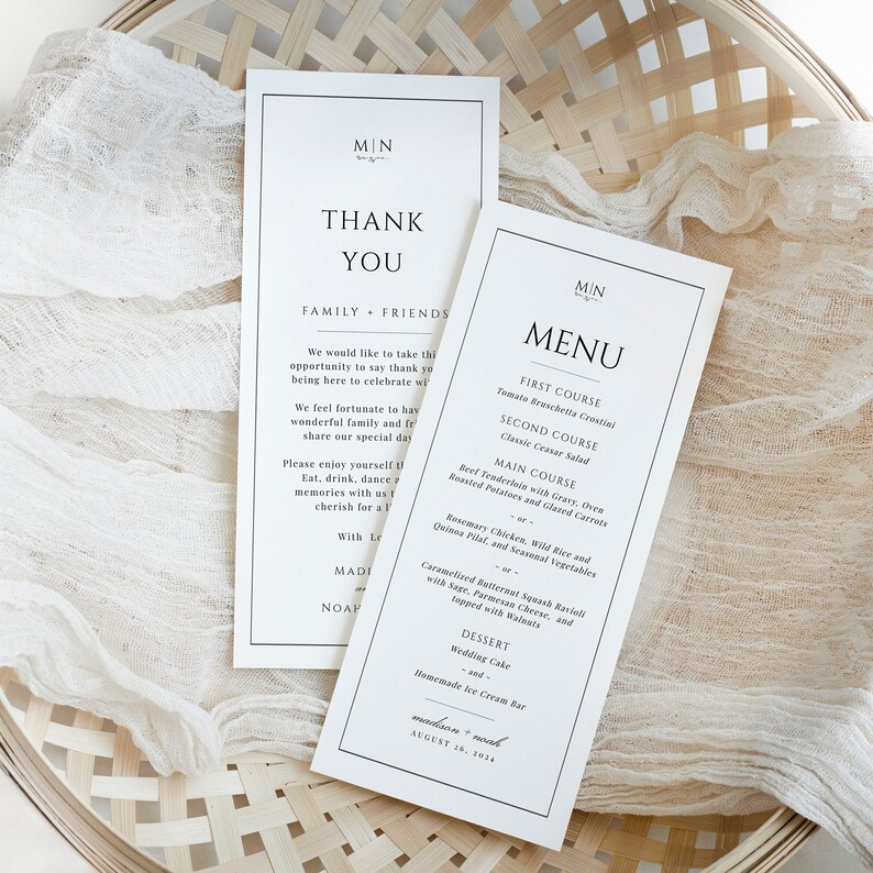 Classic Wedding Menu and Thank You Card Thank You Napkin - Etsy