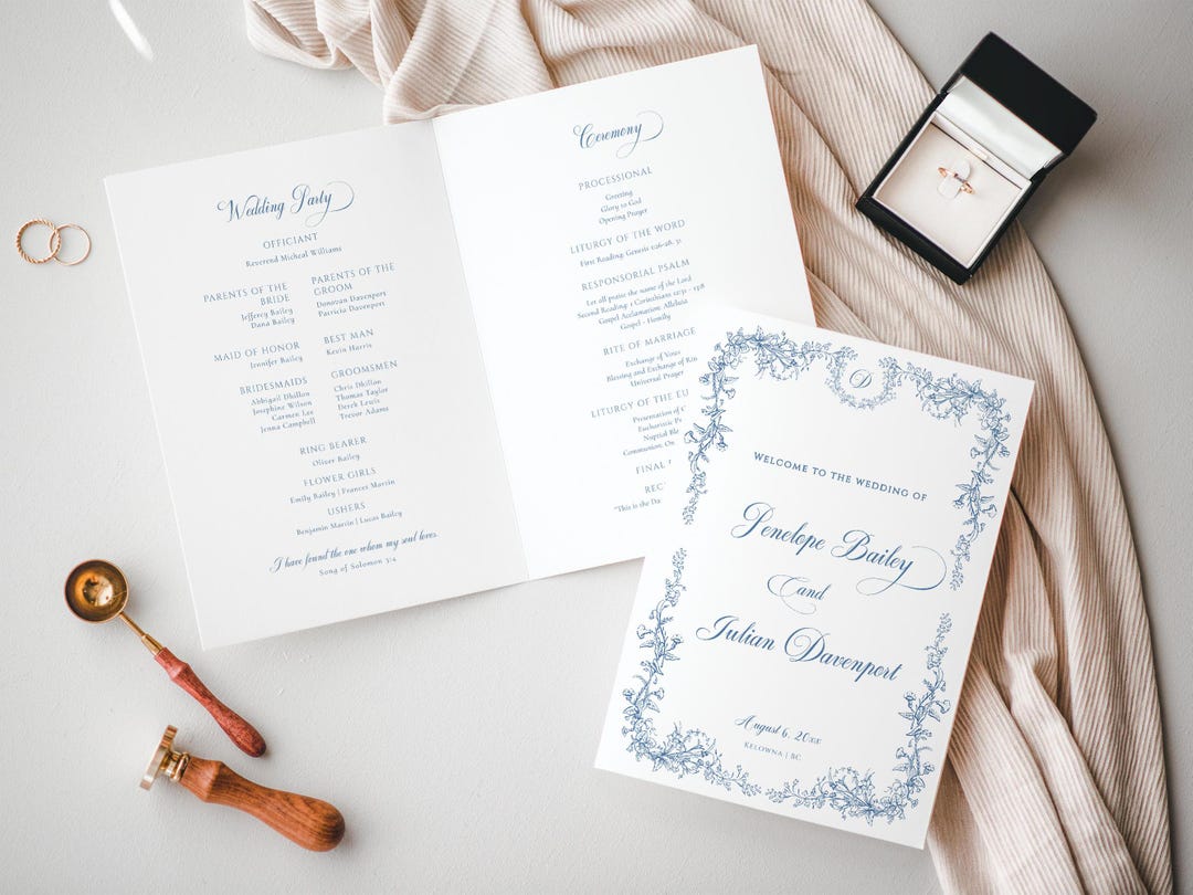 Catholic Wedding Program Booklet, Dusty Blue Toile Wedding Program ...