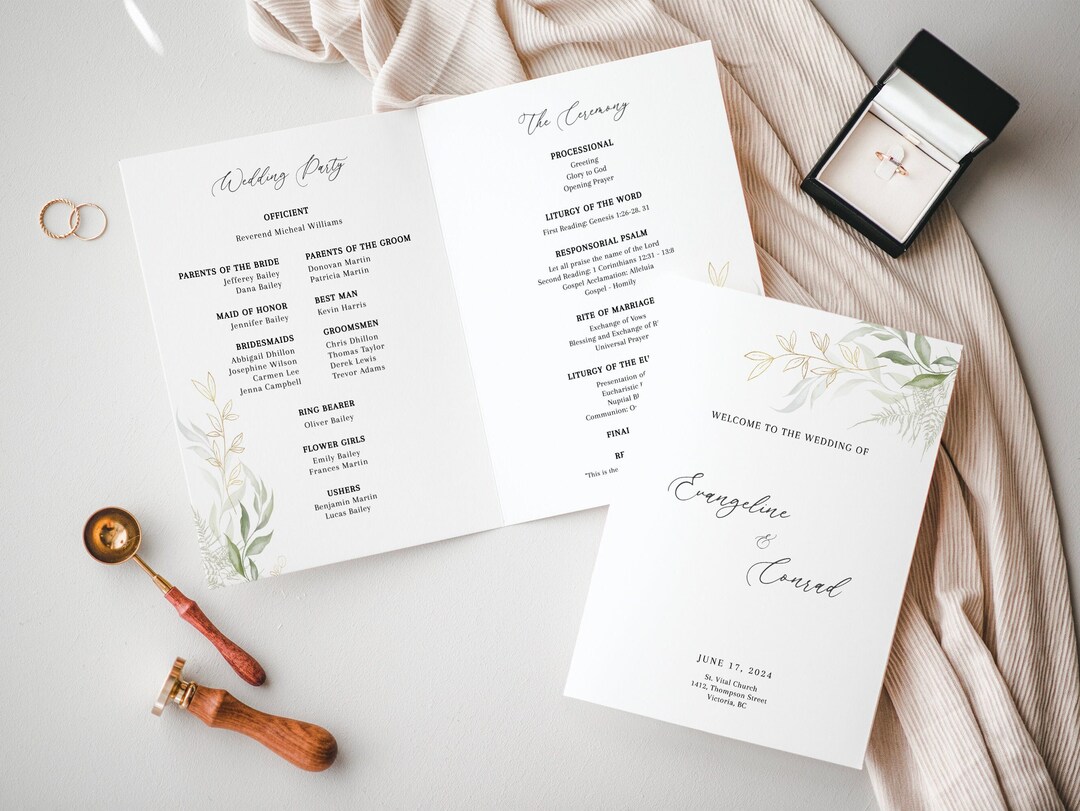 Catholic Church Wedding Program, Greenery Wedding Program Template ...